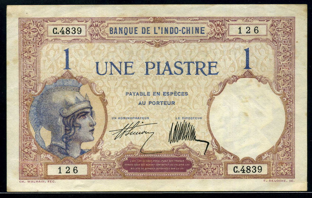 French Indochinese piastre 1 piastre de commerce banknote, helmeted ...