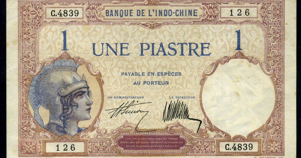 French Indochinese piastre 1 piastre de commerce banknote, helmeted ...