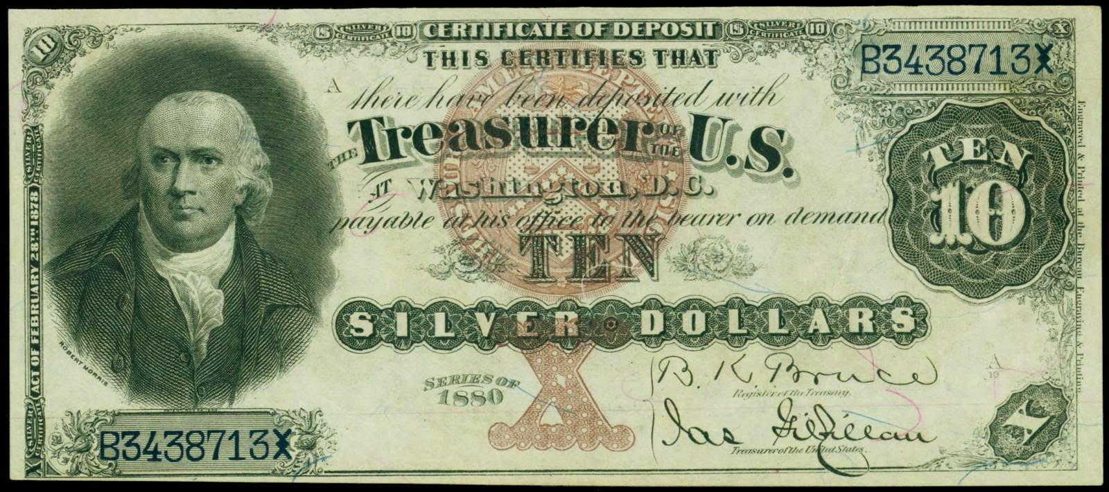 1880 Ten Dollar Silver Certificate Robert Morris|World Banknotes ...