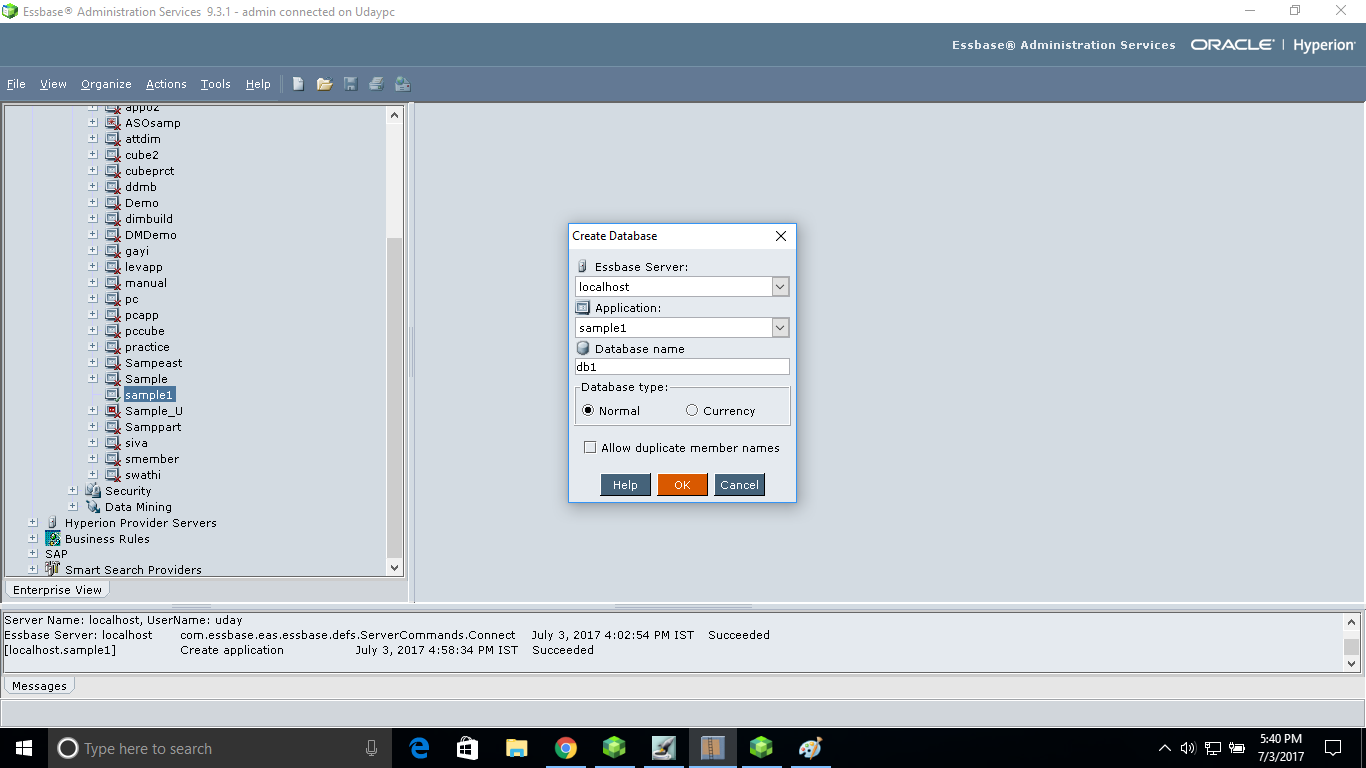 creating a database under essbase application