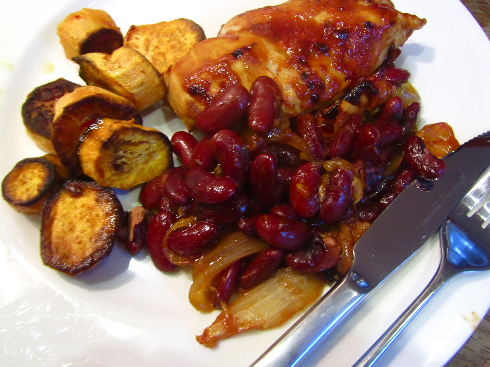 Chipotle glazed chicken with baked kidney beans