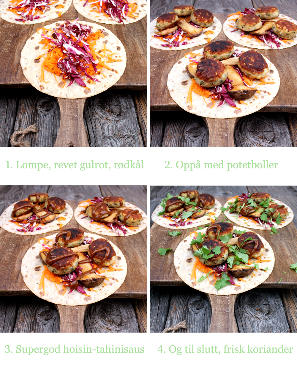 Potetboller i lompe med kongeøsterssopp, koriander og en vanvittig god ...