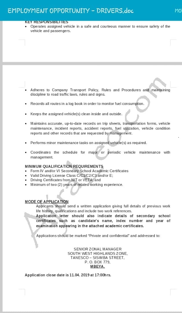 33 New Jobs at Tanzania Electric Supply Company Ltd (TANESCO) - Mbeya ...