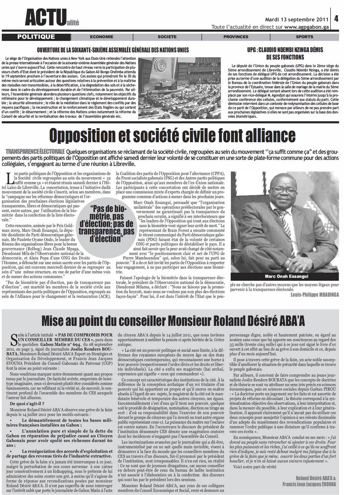 WE ARE PUBLISING THE GABONESE NEWSPAPER “GABON-MATIN” OF TUESDAY, 13 ...
