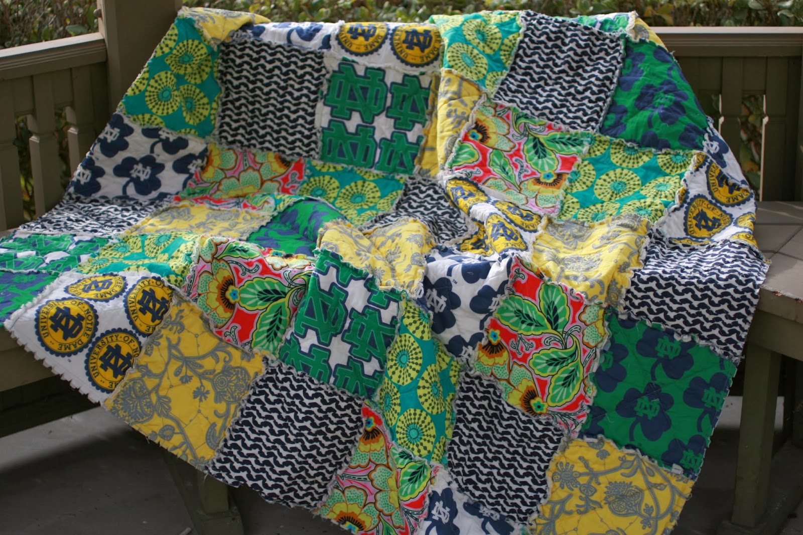Creating a Little Sunshine: Go Irish! Notre Dame Patchwork Rag Quilt