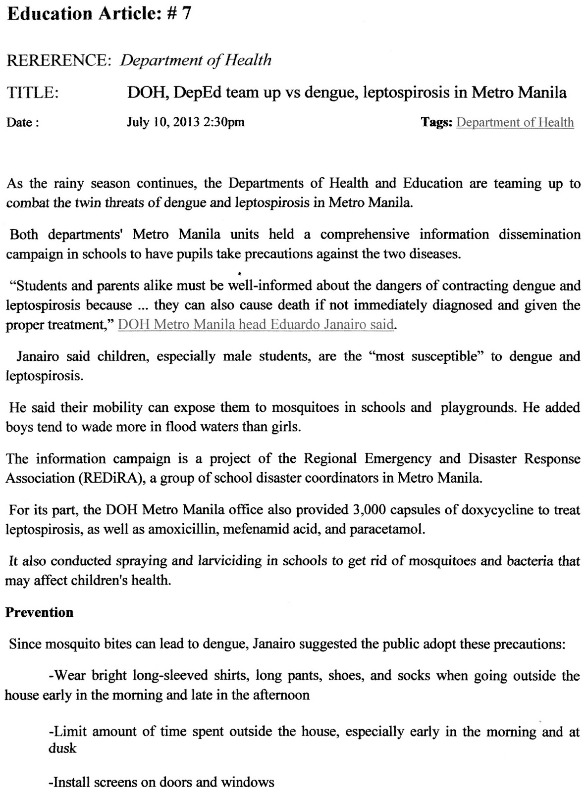 Maria Luz J. Golosino: Article Readings # 35: DOH, DEPED TEAM UP VS ...