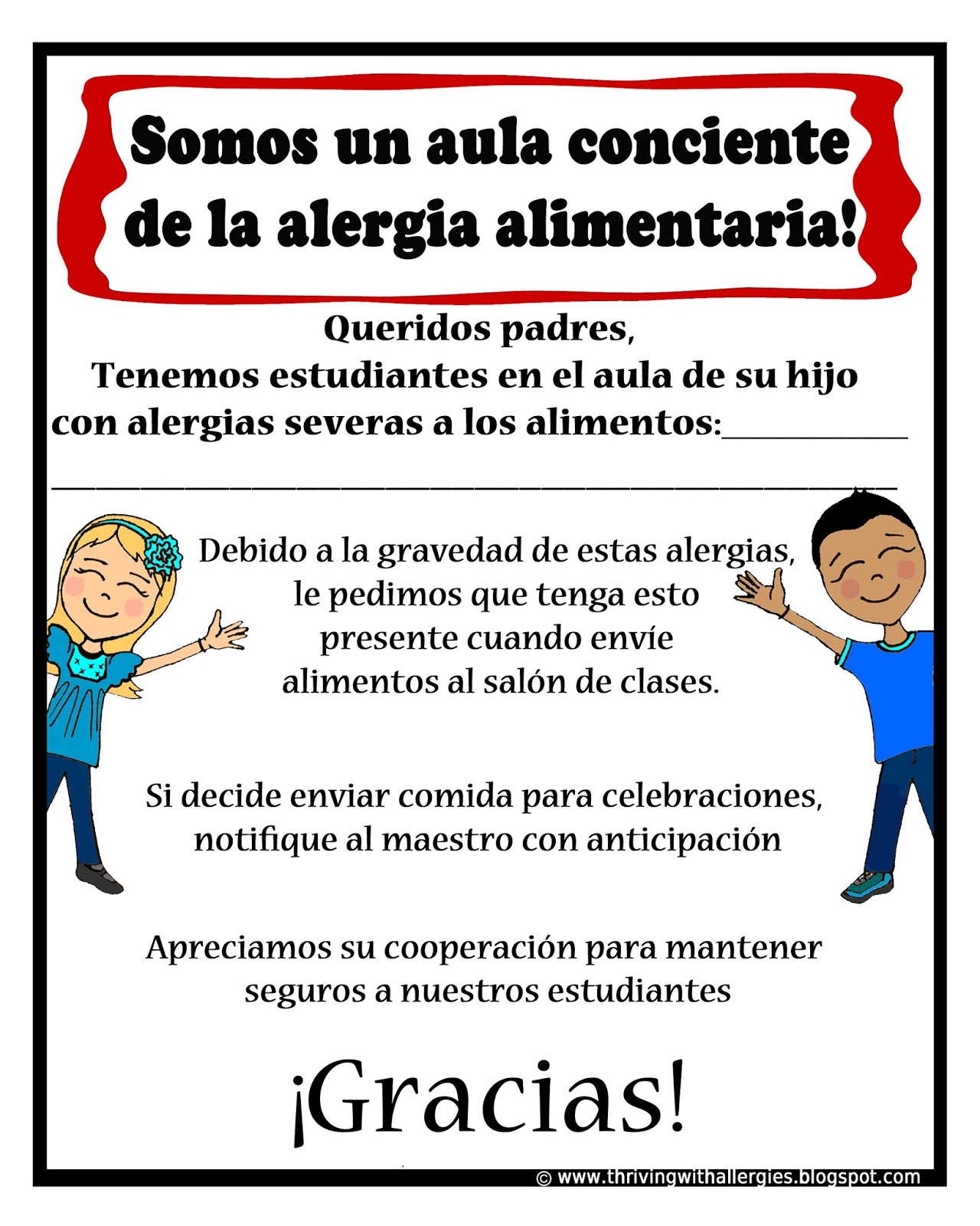 Thriving With Allergies: Food Allergy Aware Letter to Parents