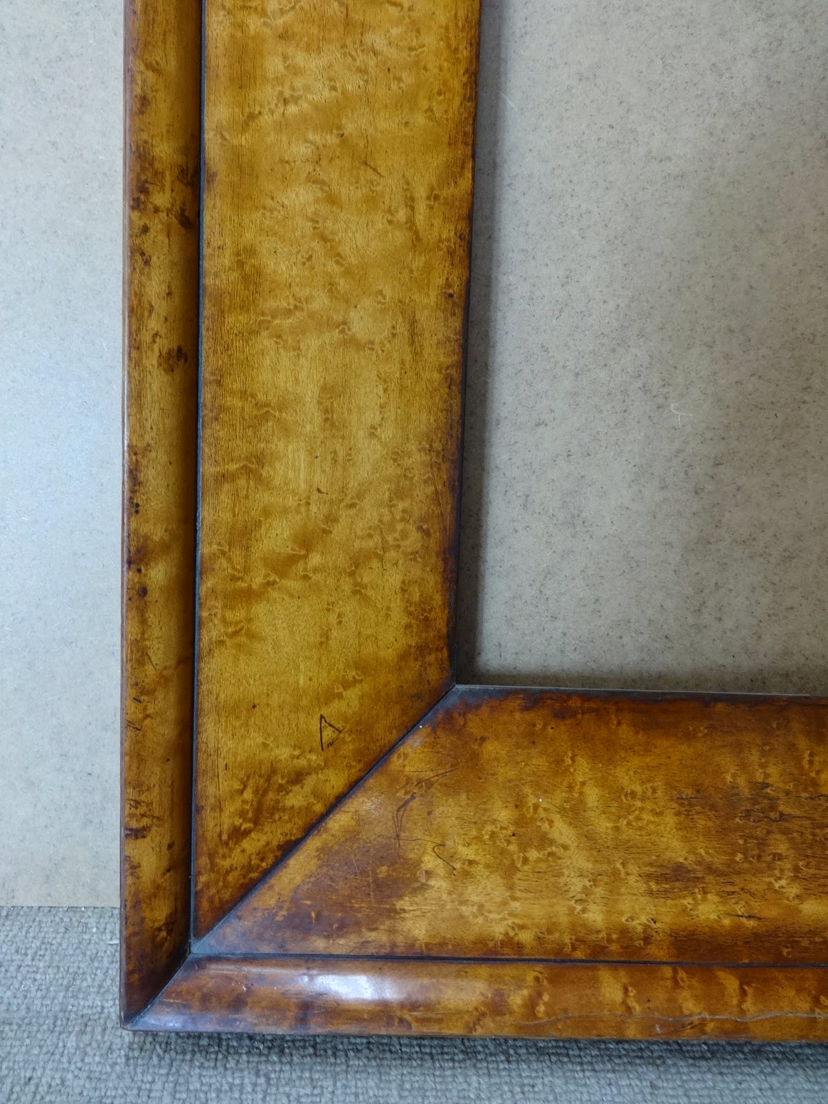 Antique Frame Sale: 19th Century Wedge Birds Eye Maple Veneer Frame