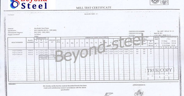 Mill Test Certificate SM490 YA Thk 12mm Beyond-steel