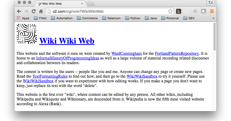 Adventures in Automation: Time Capsule: Ward Cunningham's Wiki Wiki Web