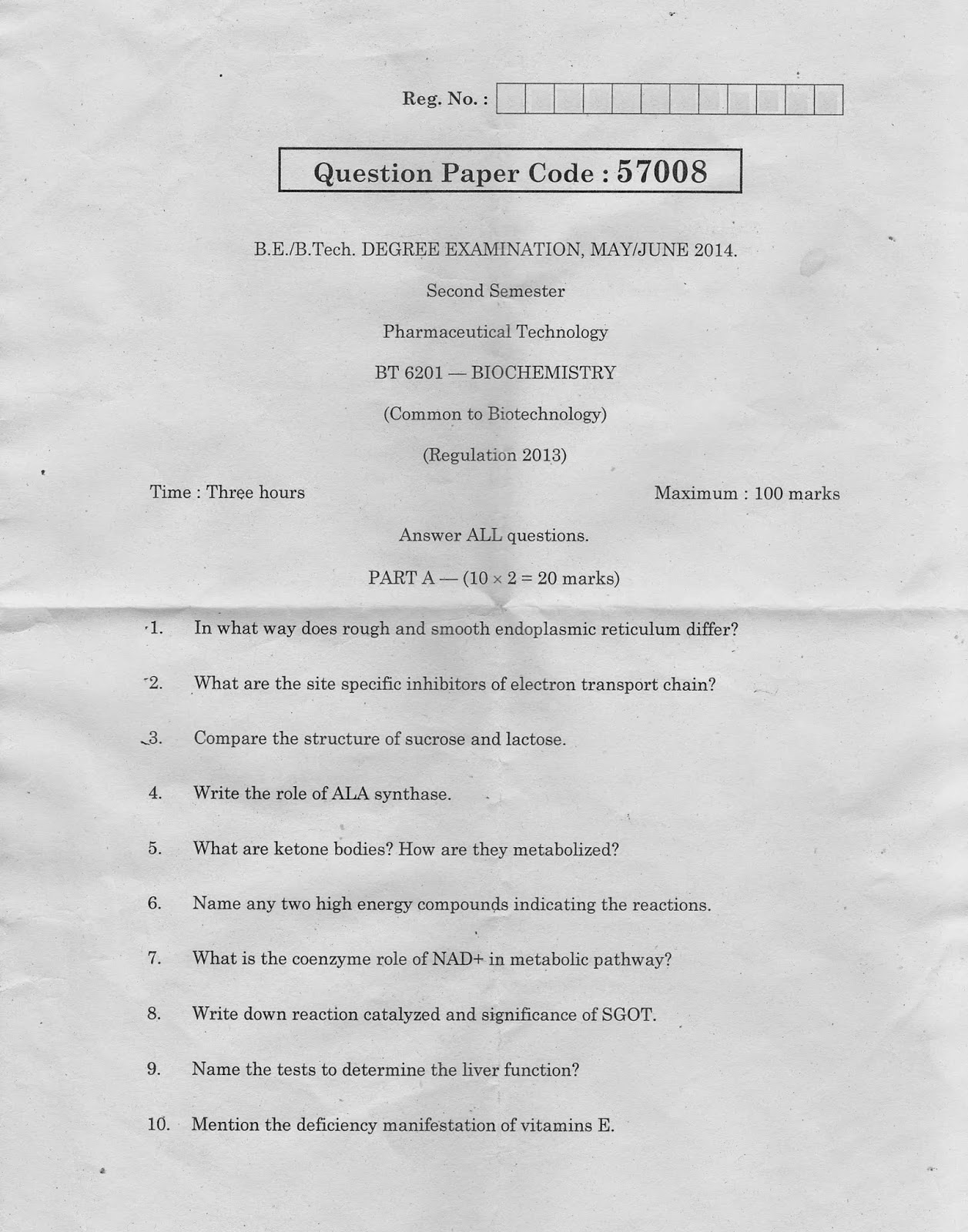 BT6201 Biochemistry May June 2014 Question Paper B.Tech Anna University ...