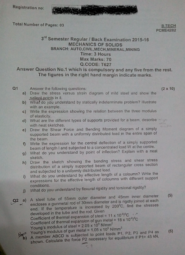BPUT, BTech 03rd Semester, Mechanics of Solids, 2015 Question Paper ...