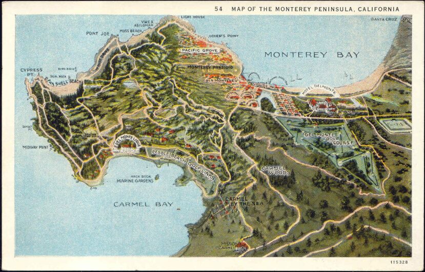 Vintage Monterey Map | Monterey peninsula, California postcard ...