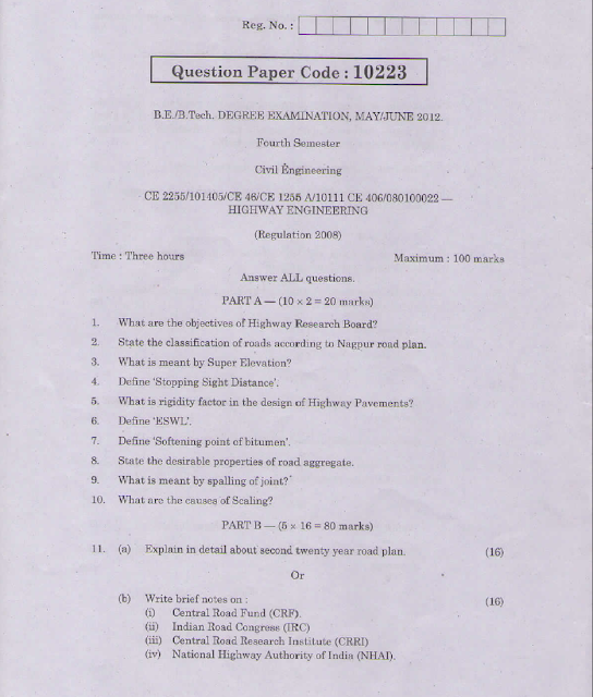 CE2255 Highway Engineering May June 2012 Question Paper - University ...