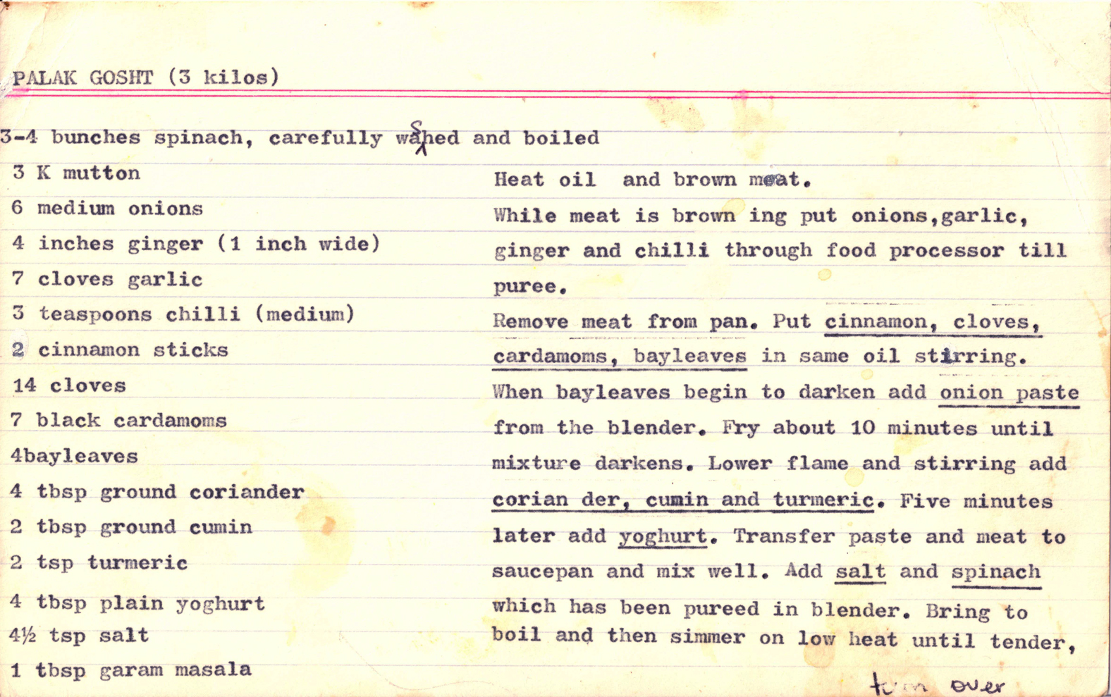 Elli Luca: ※ Scan of A Vintage Recipe Card - PALAK GOSHT