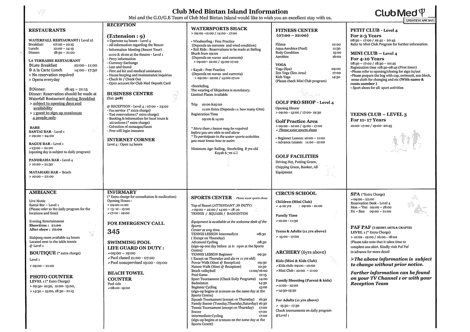 Sweet at P: Club Med Bintan - Misc Info