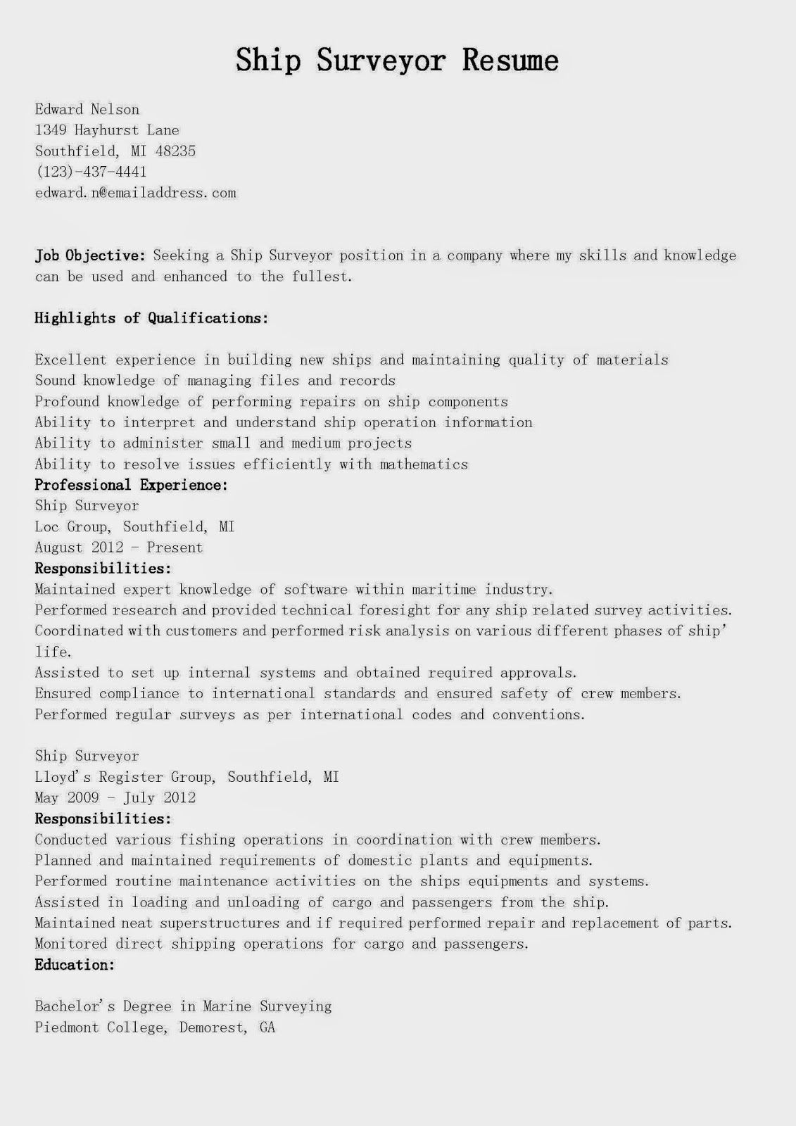 Resume Samples: Ship Surveyor Resume Sample