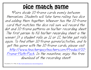 Confessions of a Primary Teacher: Dice Match Game with 10-Frames