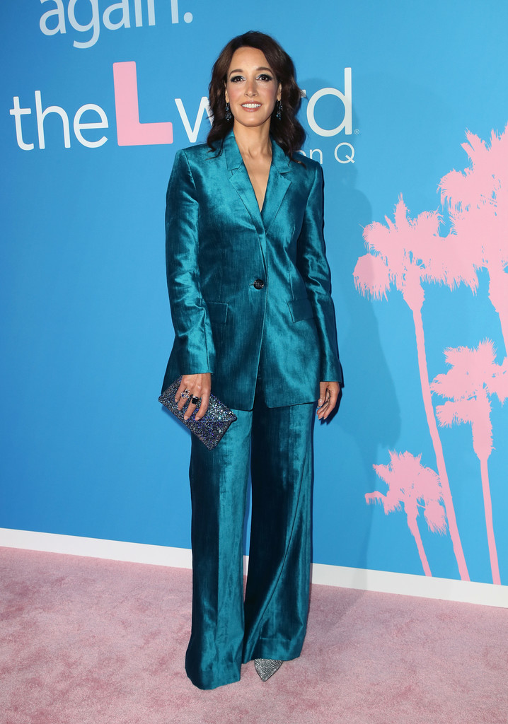 Ladies in Satin Blouses: Jennifer Beals- teal silk suit