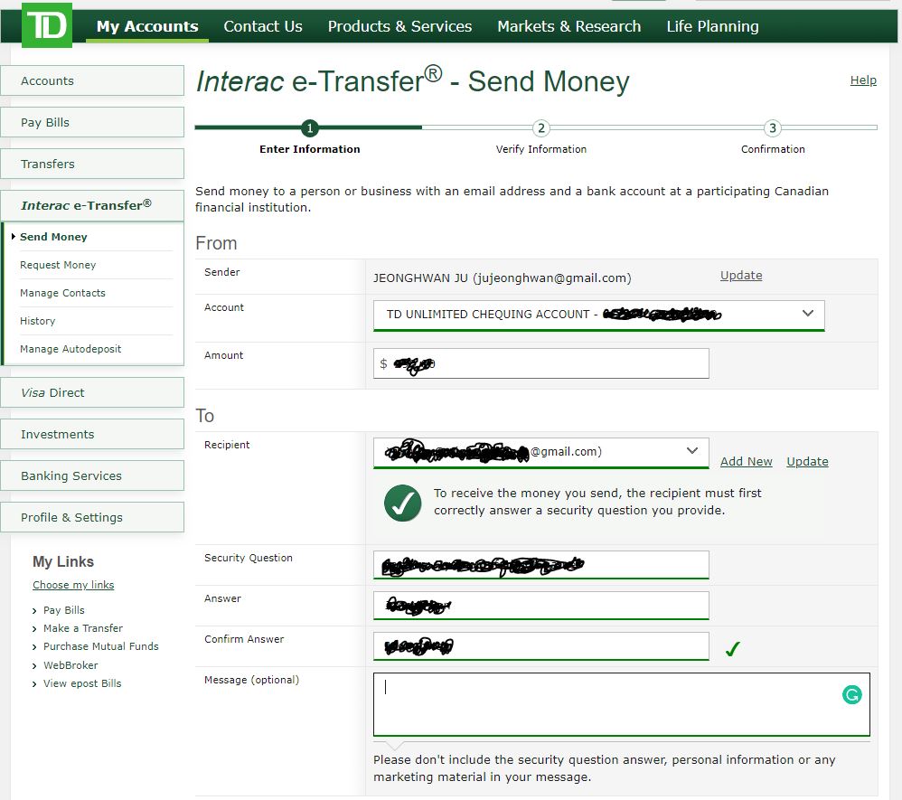 Jeonghwan Ju: Canada TD Bank e-Transfer 캐나다 TD은행 이메일 주소로 송금하기