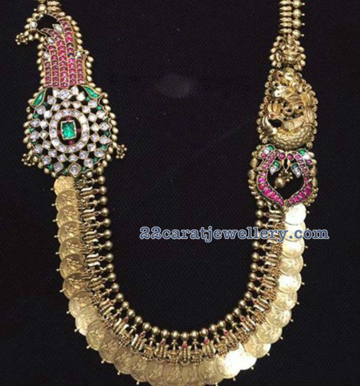 Trendy Kasu Mala with Side Peacock Motifs - Jewellery Designs