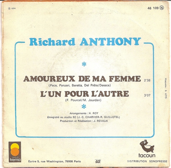 VINYLS COLLECTION: RICHARD ANTHONY - Amoureux De Ma Femme - 45 Tours - 1974