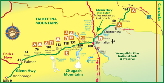 Maps of Alaska Roads By Bearfoot Guides: Map of the Glenn Highway, Alaska