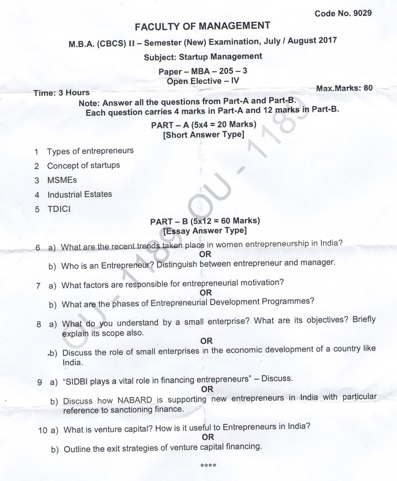 M.B.A. (CBSE) II - Semester Examination Sample Question Papers (OU)