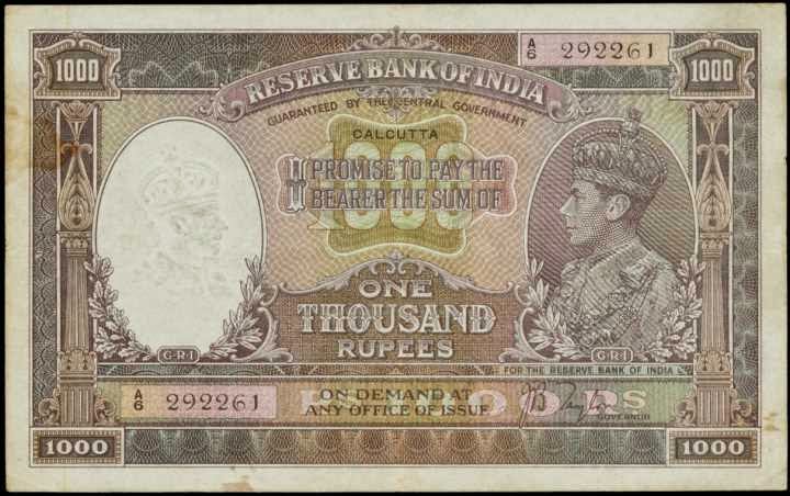 British India 1000 Rupee Note 1937 King George VI|World Banknotes ...