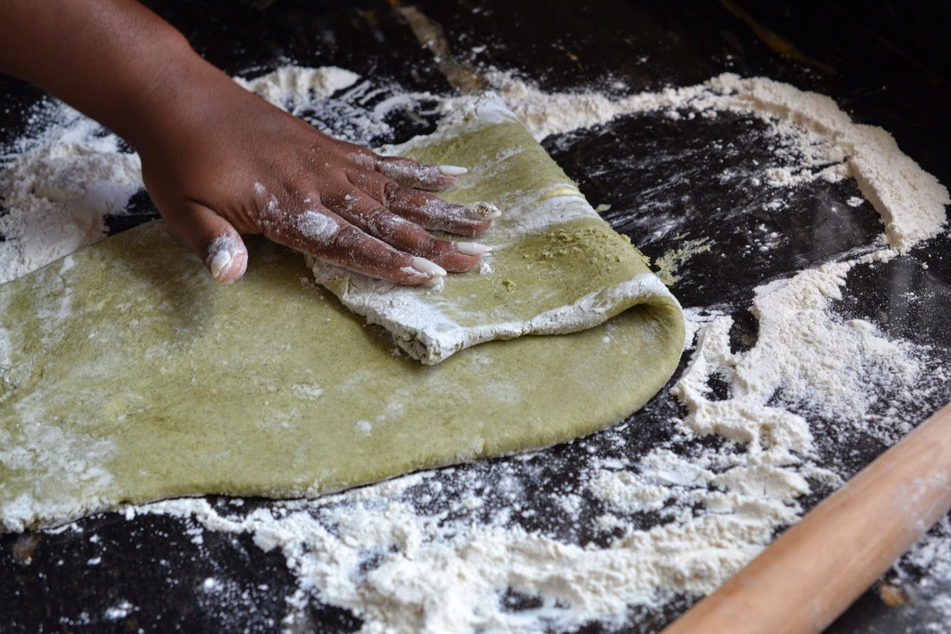 Greedy Girl : Ackee and saltfish patty in a callaloo crust