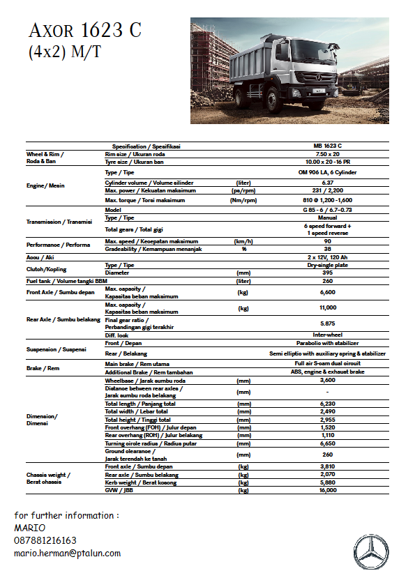 Mercedes-benz Truck Asia Indonesia: Specification MB-Axor 1623C (4x2) MT