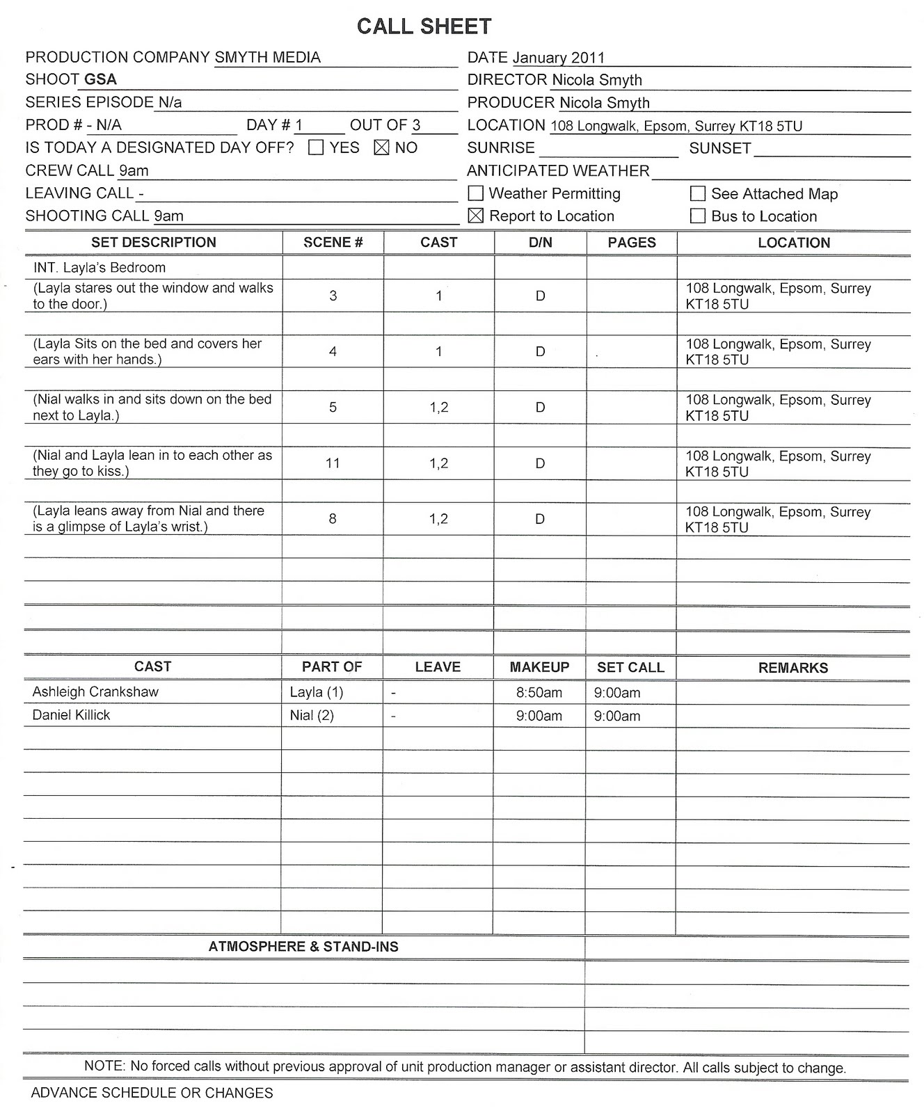 Pre-Production: Call Sheet