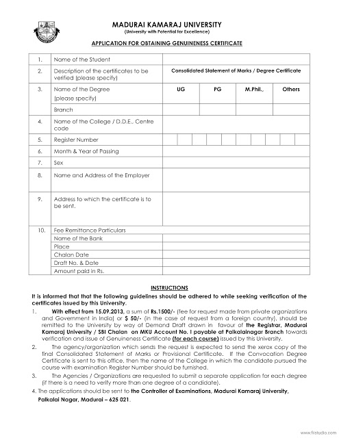 Madurai kamarajar University-official Genuineness Certificate Apply ...