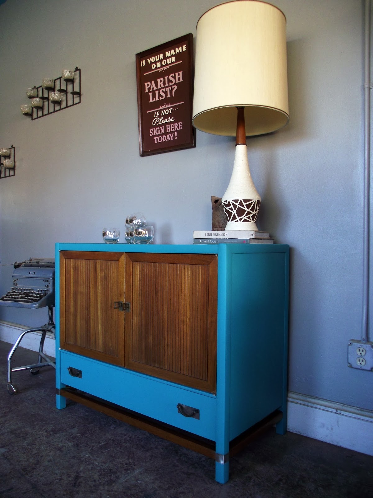 Vintage Ground: Mid Century Turquoise Bar / Buffet / Media Console