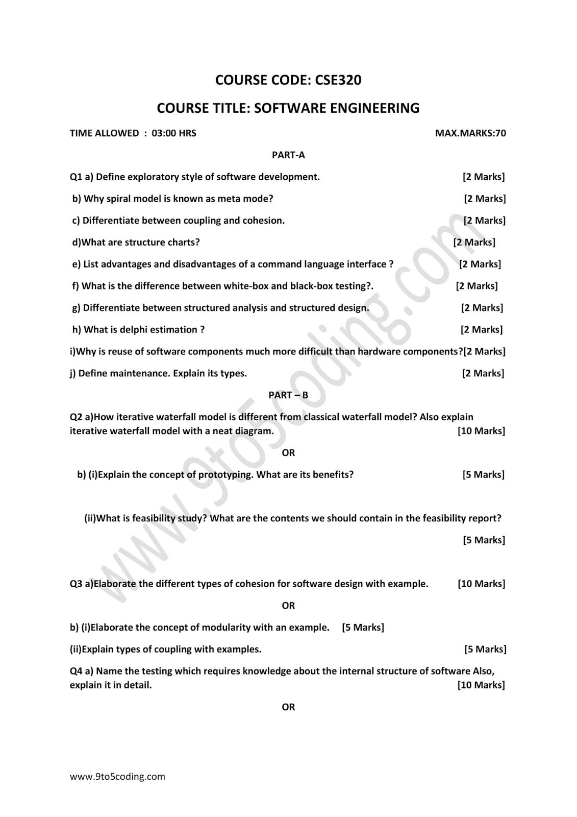 SOFTWARE ENGINEERING | CSE320 | QUESTION PAPER | END TERM PAPER