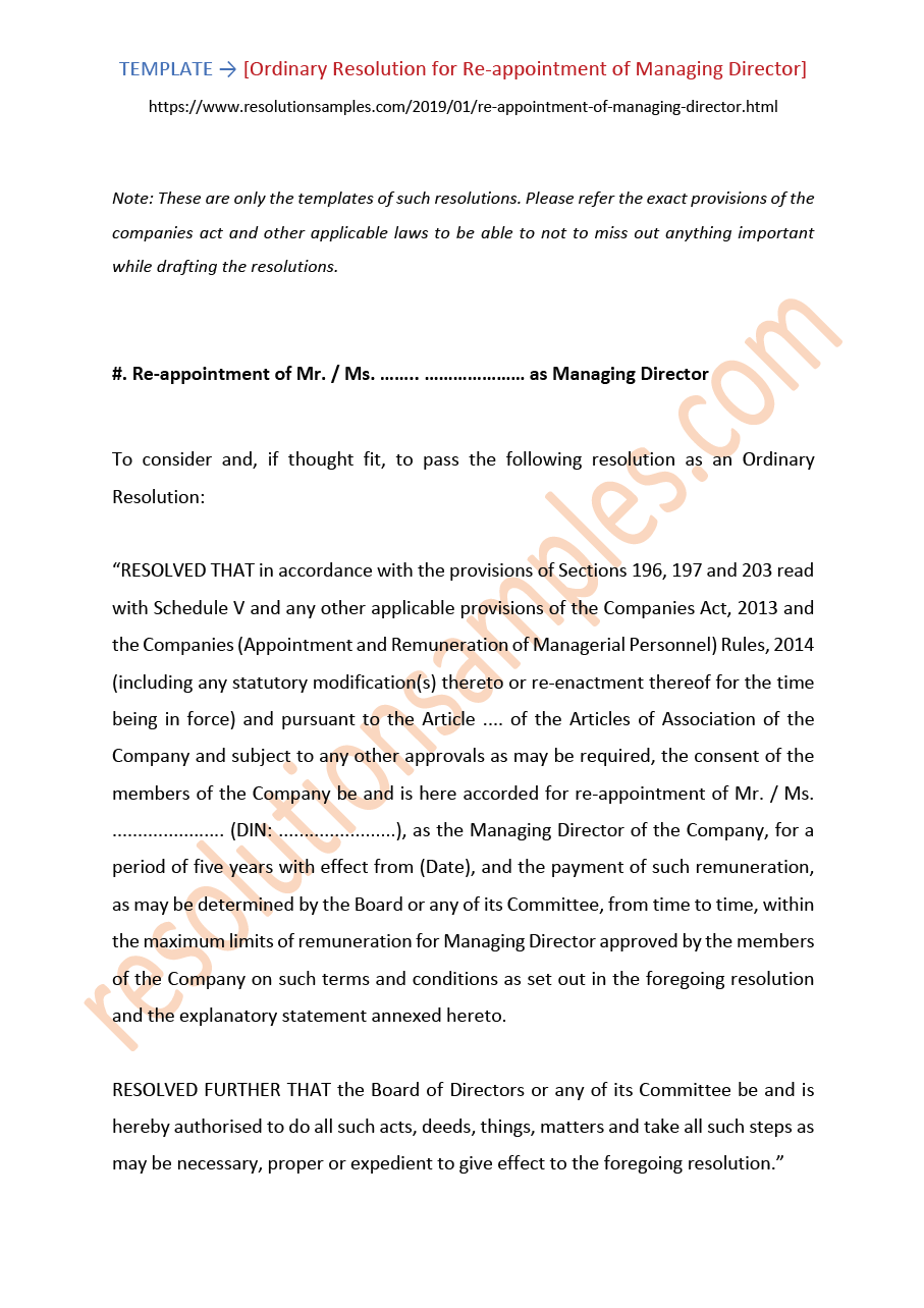 Draft AGM Resolution for Re-appointment of Managing Director