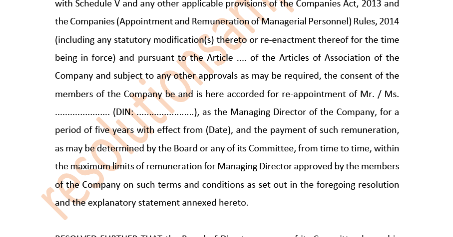 Draft AGM Resolution for Re-appointment of Managing Director