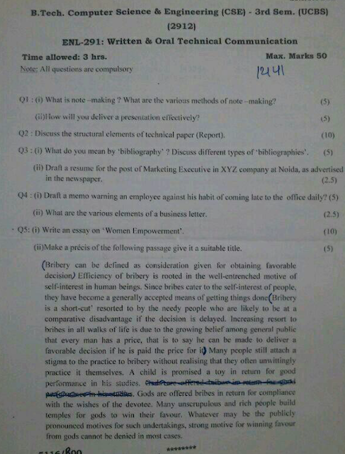 ENL-291 Written and Oral Technical Communication GNDU BTech CSE 2013 ...