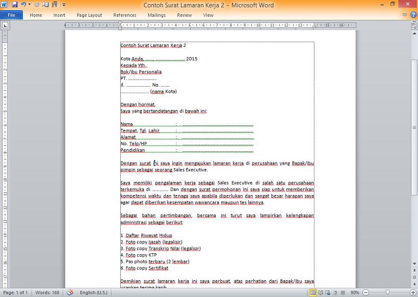 Contoh Surat Lamaran Kerja File Microsoft Word - toriqoel