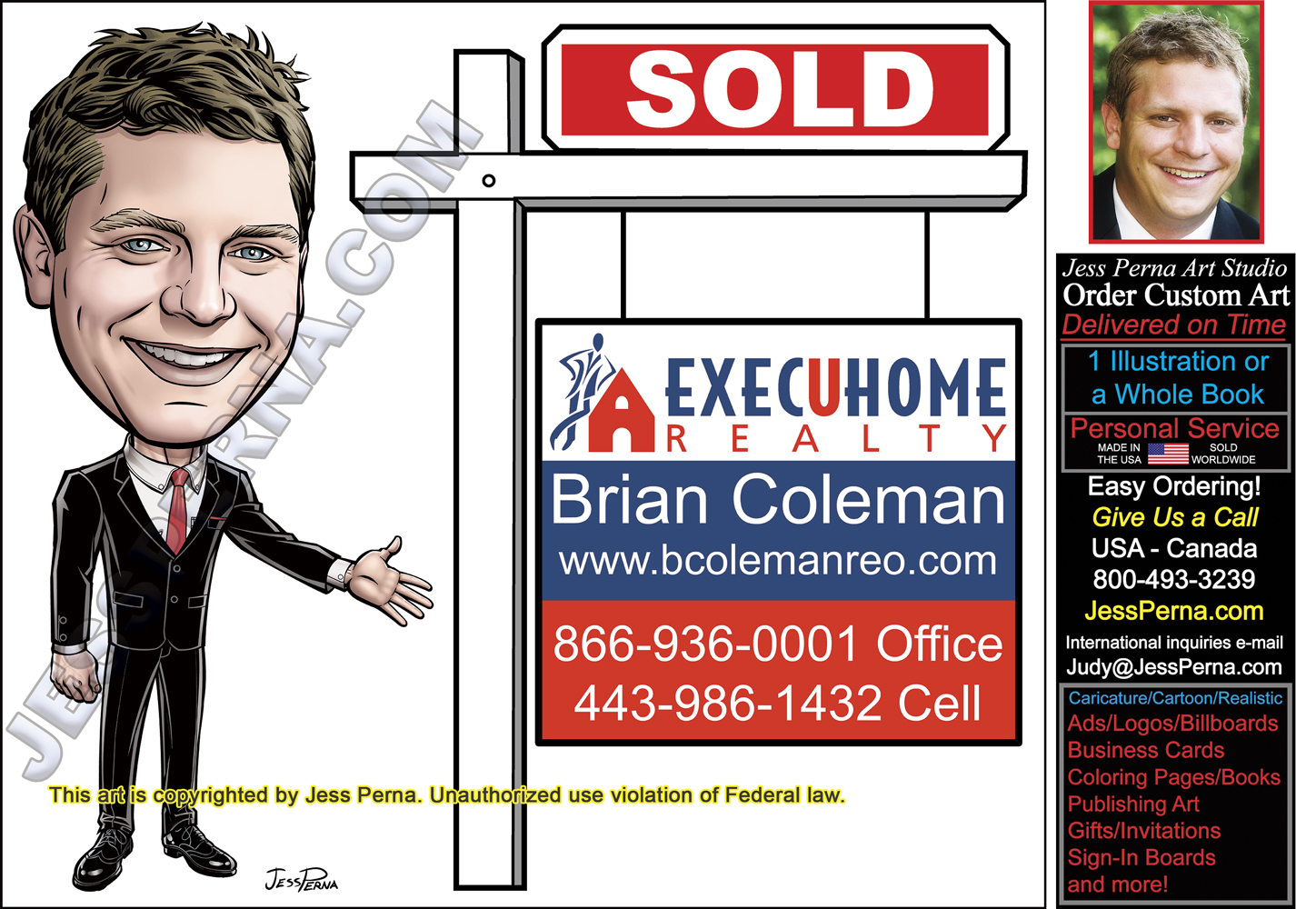 How to Order Ad Cartoons and Caricatures: Real Estate Agent Sold Yard Signs