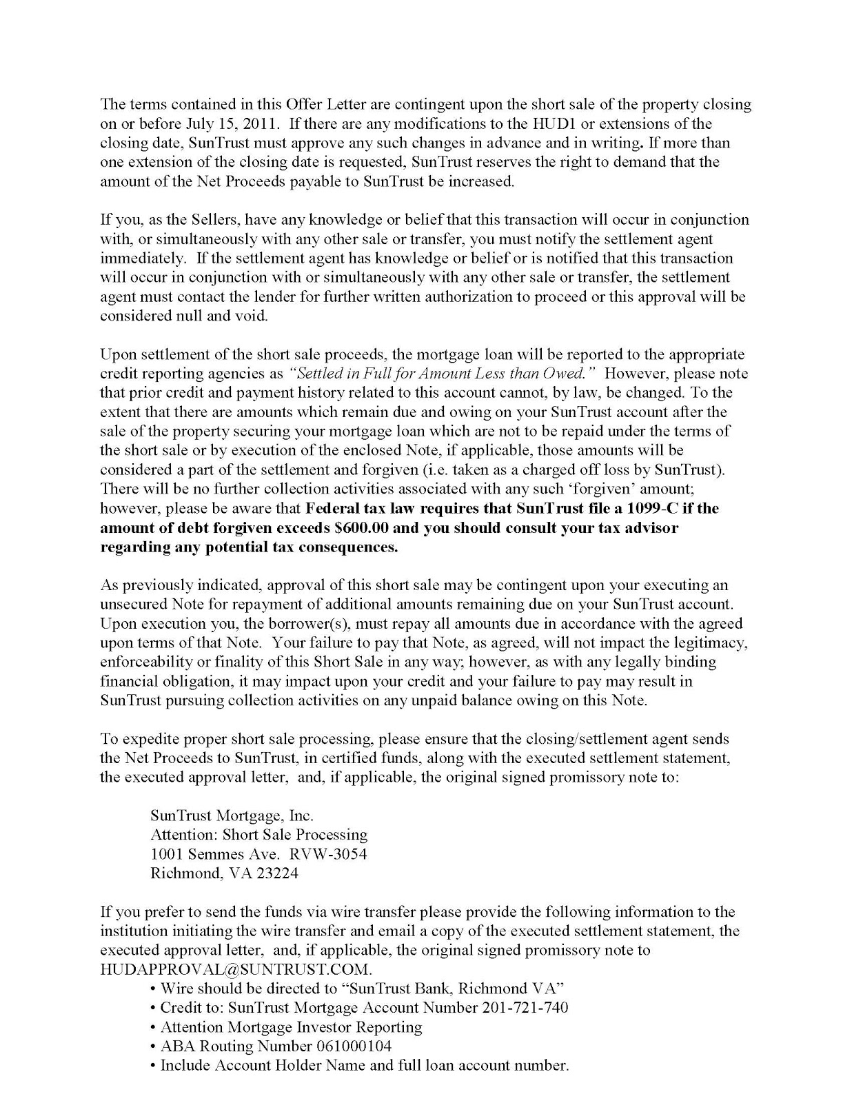Suntrust Bank Short Sale Approval Letter (Preforeclosure)