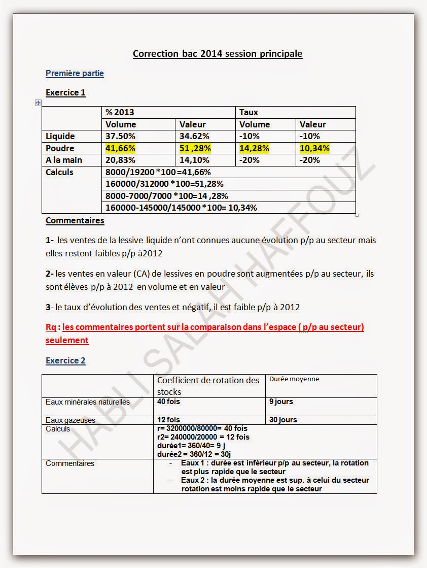 Correction session principale Bac (2013/2014)-Gestion:4 éme Economie et Gestion - موارد المعلم