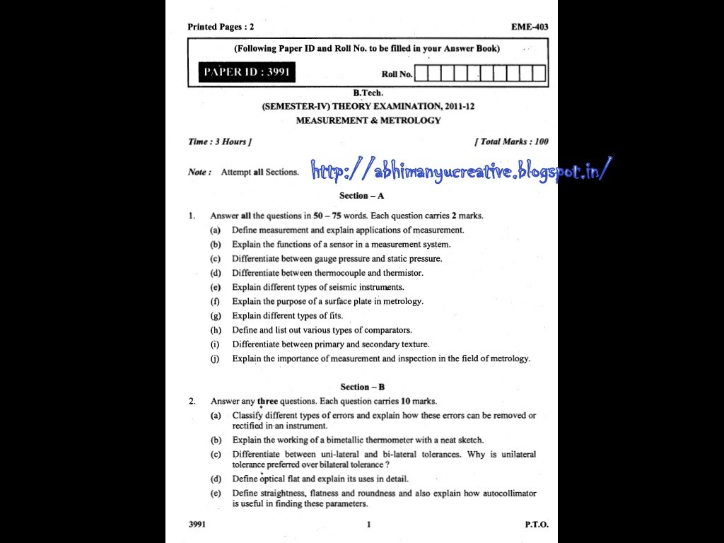 UPTU Exam: Measurement & Metrology