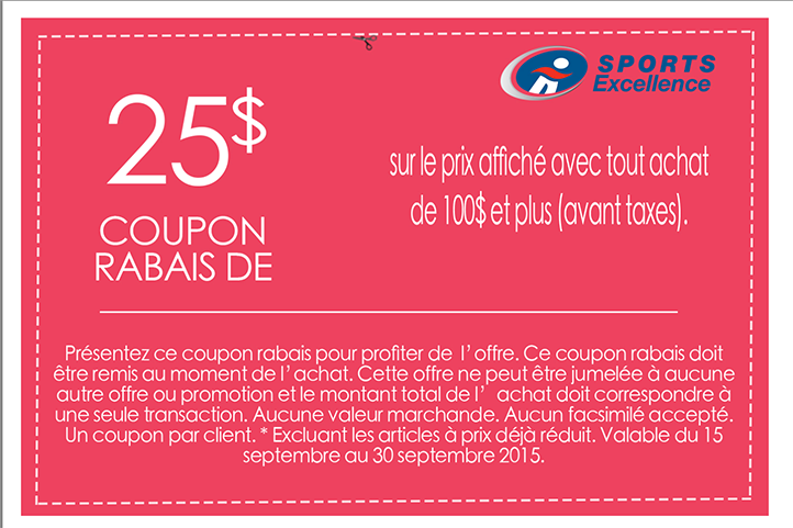 Coupon rabais de 25$ sur 100$ chez Sports Excellence