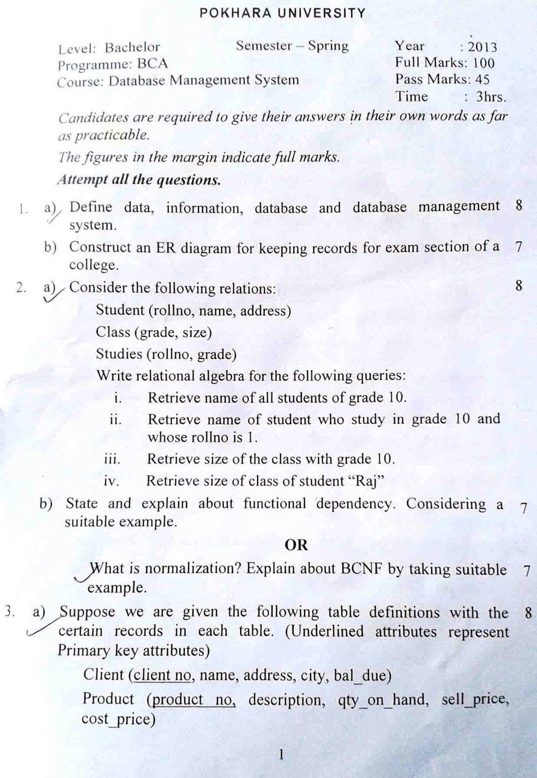 BCA QUESTION BANK: DBMS