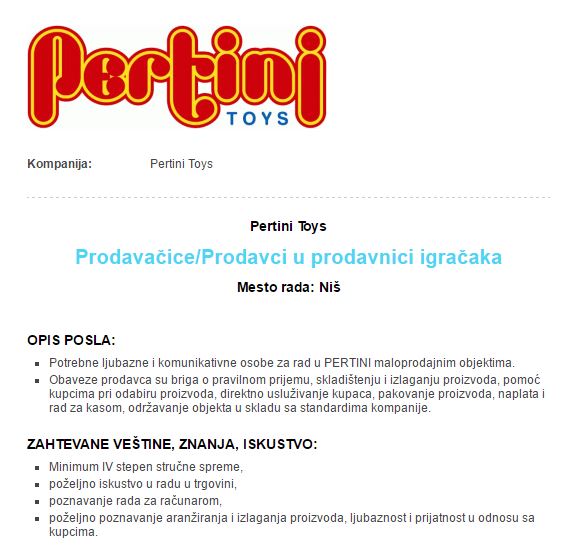 Zapošljavanje: Prodavačica/Prodavac u prodavnici igračaka