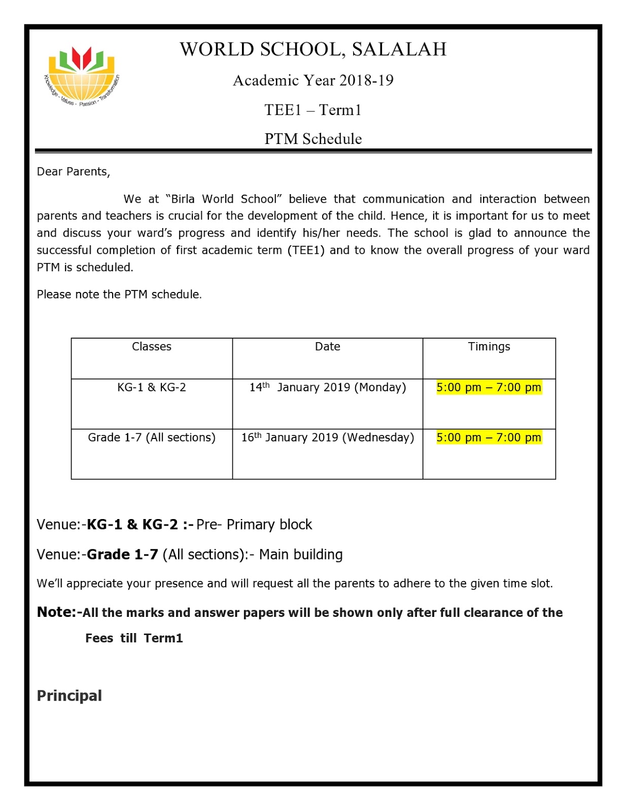 Birla World School Oman: Circular-Revised PTM Schedule