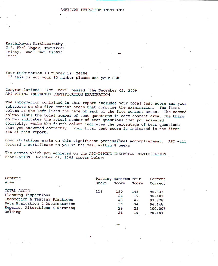 Karthikeyan.P: c)API 570 - Test Score Report