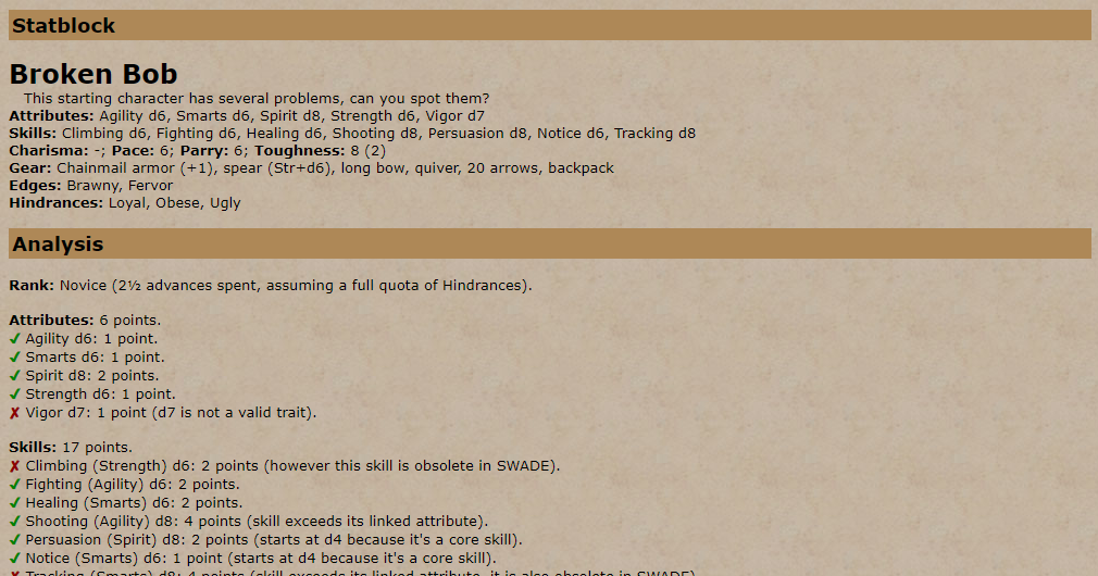 Zadmar's Savage Stuff: Savage Worlds: SWADE Statblock Analyzer
