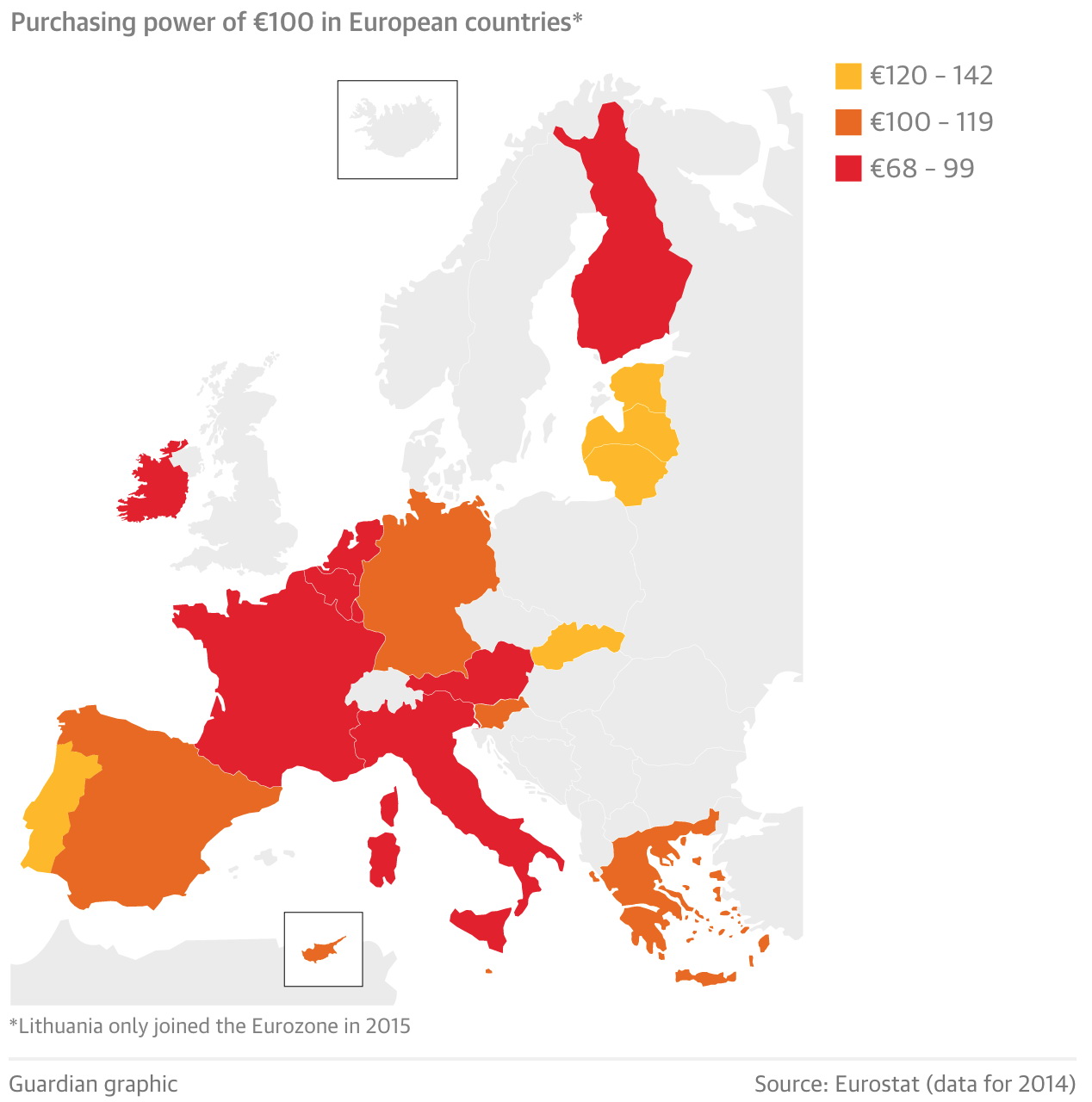 Purchasing power of €100 across the Eurozone - Vivid Maps